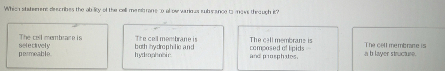 Solved: Which statement describes the ability of the cell membrane to ...
