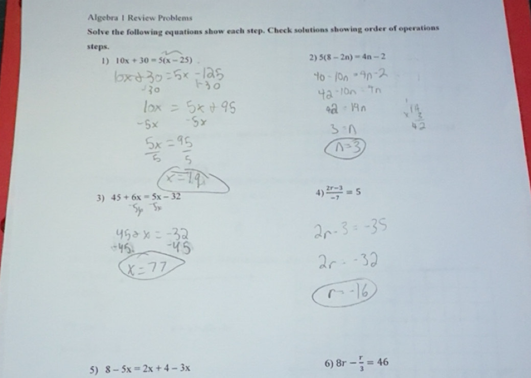 Solved: Algebra 1 Review Problems Solve the following equations show each step. Check solutions ...