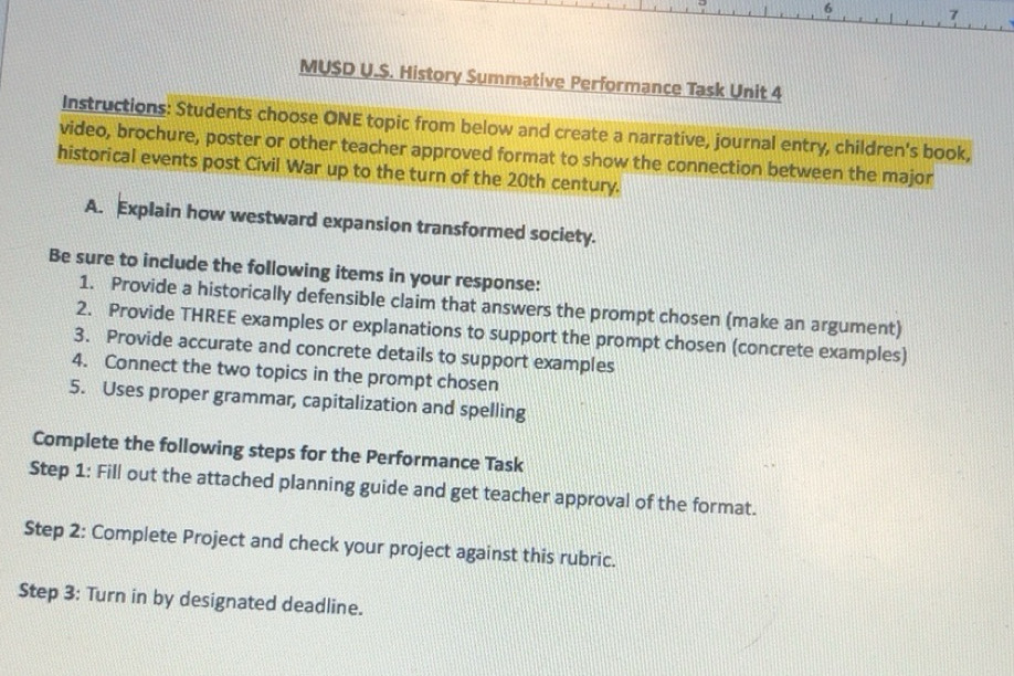 Gelöst:6 7 MUSD U.S. History Summative Performance Task Unit 4 ...