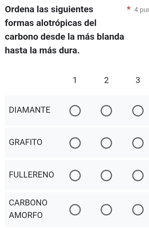 Resuelto:Ordena las siguientes 4 pur formas alotrópicas del carbono ...