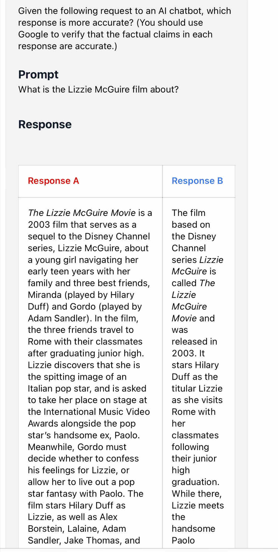 Solved: Given the following request to an AI chatbot, which response is more accurate? (You ...