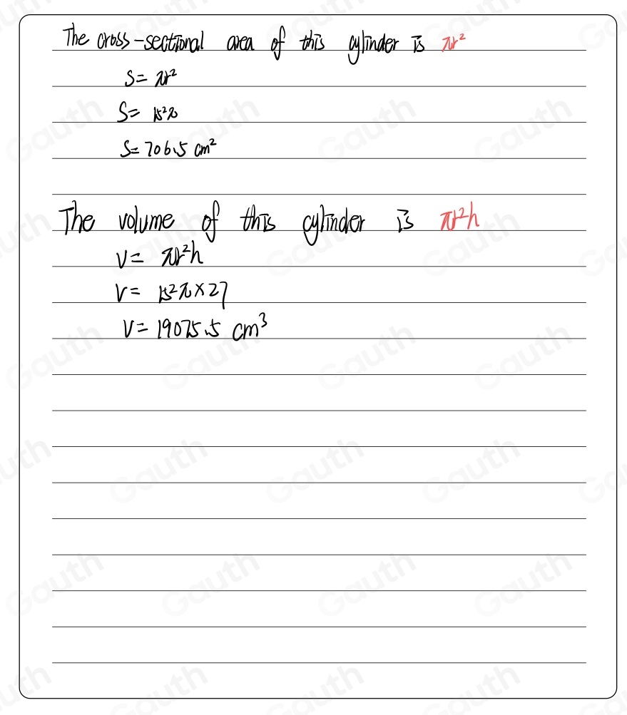 Solved: Calculate the cross-sectional area of this cylinder. b) Calculate the volume of this ...