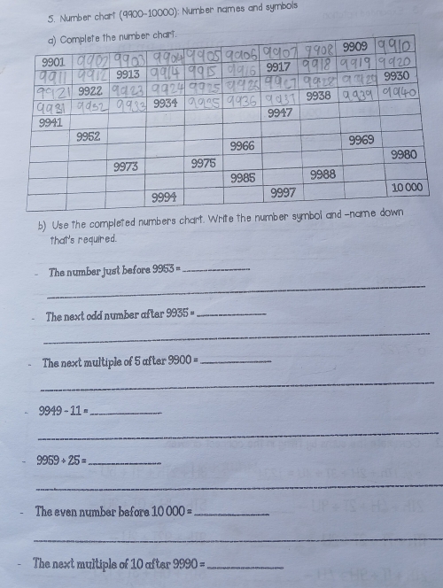 Solved: Number chart (9900-10000); Number names and symbols b) Use the ...