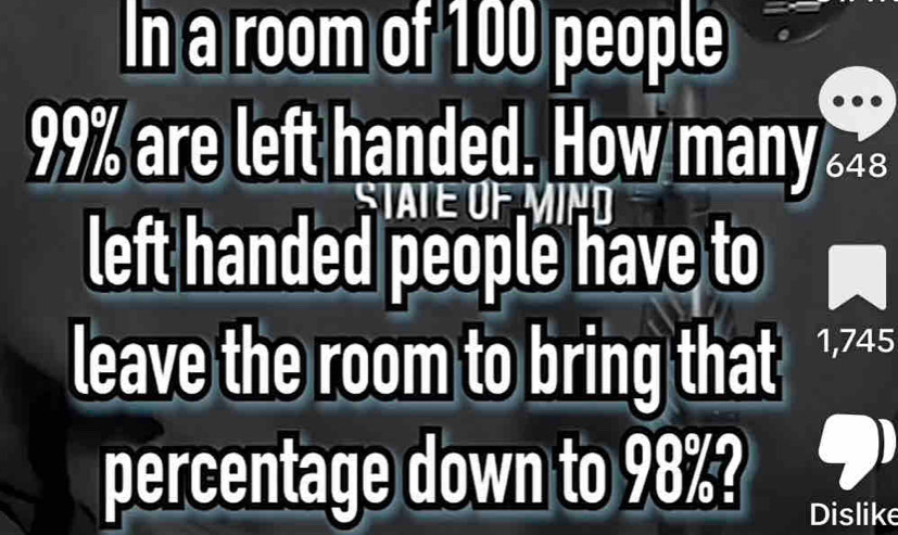 Selesai:In a room of 100 people 99% are left handed. How many STATE UF ...