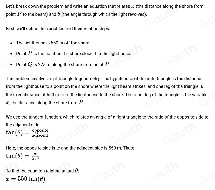 Solved: A lighthouse stands 550 m off a straight shore and the focused ...