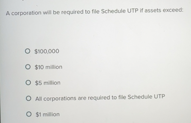 Solved: A corporation will be required to file Schedule UTP if assets ...