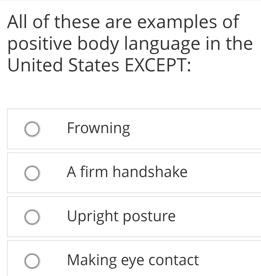 Solved: All of these are examples of positive body language in the ...