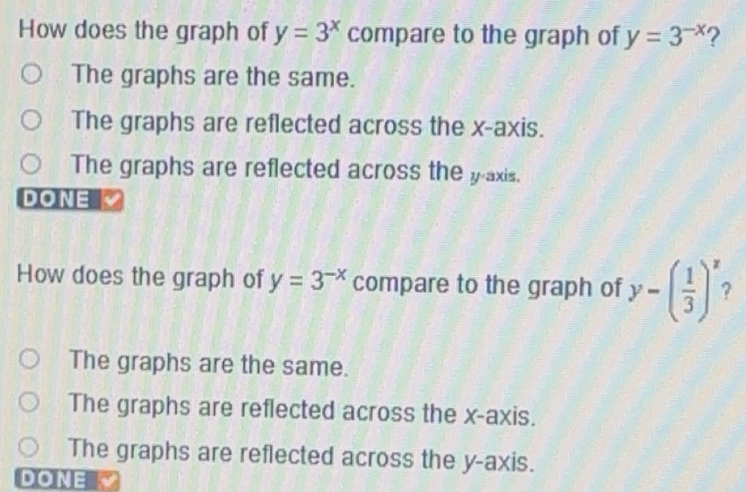 Solved: How does the graph of y=3^x compare to the graph of y=3^(-x ...