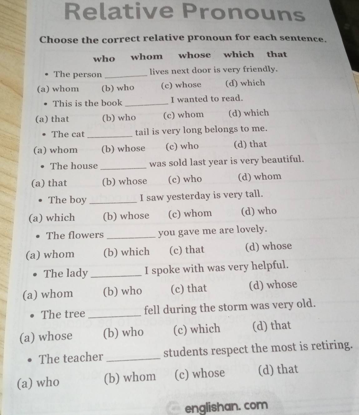 Solved: Relative Pronouns Choose the correct relative pronoun for each ...