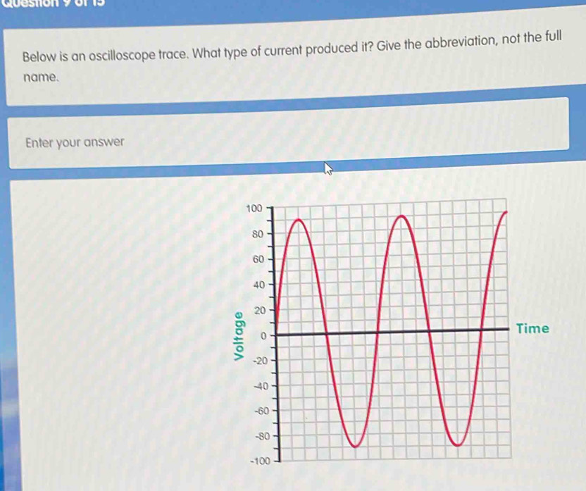 Solved: 6f 13 Below is an oscilloscope trace. What type of current ...