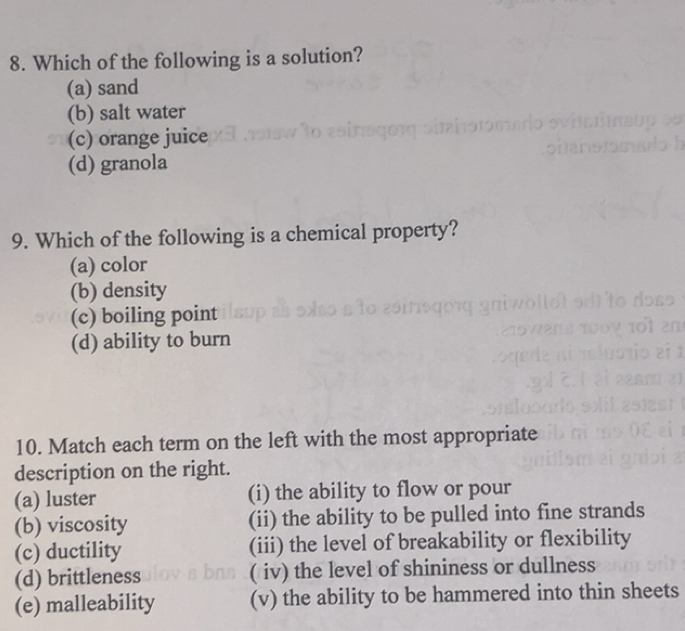 Solved: Which of the following is a solution? (a) sand (b) salt water ...