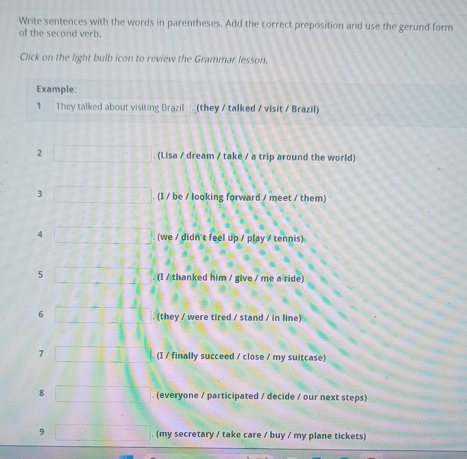 Resuelto:Write sentences with the words in parentheses. Add the correct ...