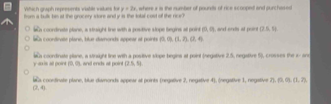 Solved: Which graph represents viable values for y=2x , where x is the ...