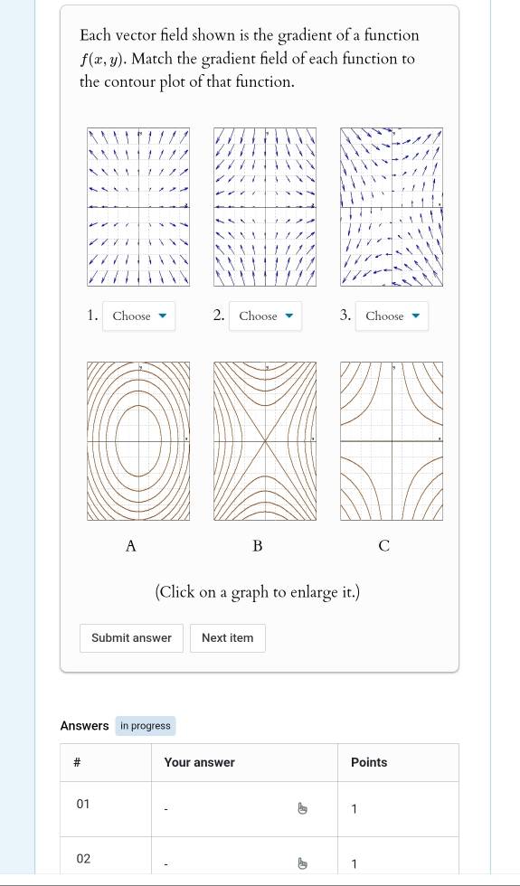 Solved: Each vector field shown is the gradient of a function f(x,y). Match the gradient field ...