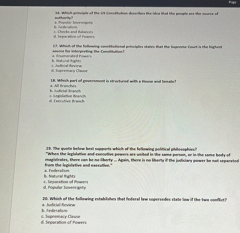 Solved: Page 16. Which principle of the US Constitution describes the ...