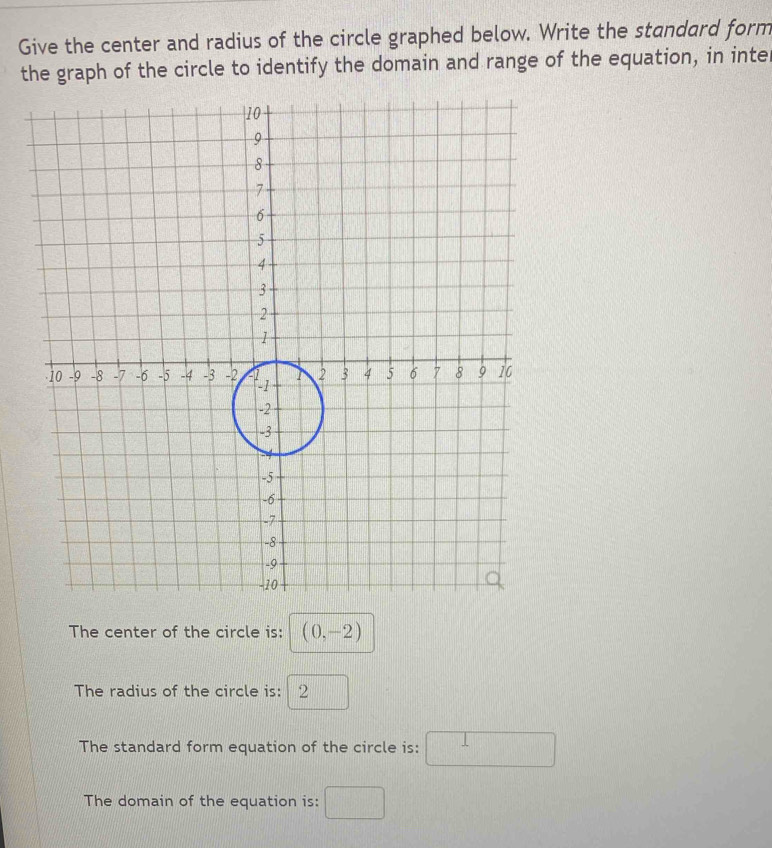 Solved: Give the center and radius of the circle graphed below. Write ...