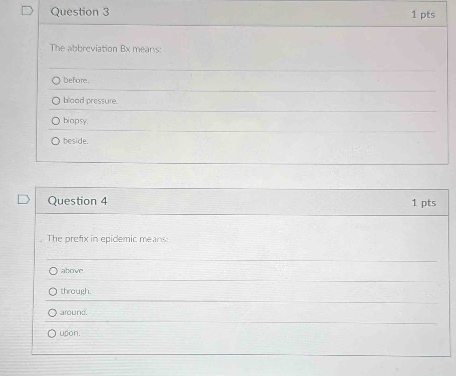 Solved: The abbreviation Bx means: before. blood pressure. biopsy ...
