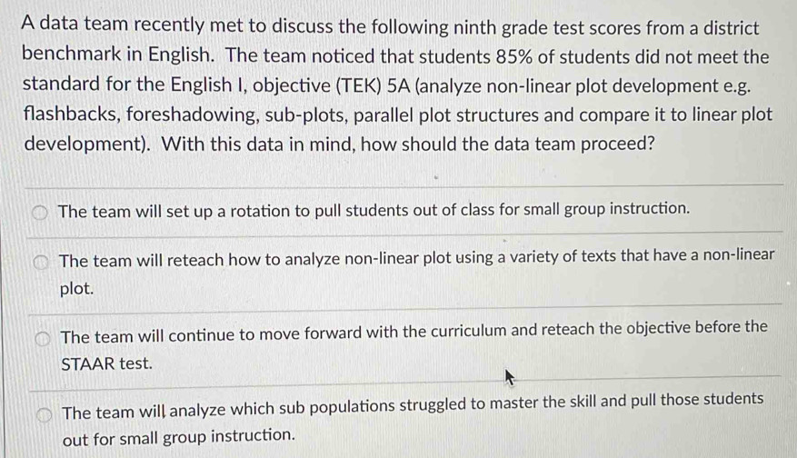 Solved: A data team recently met to discuss the following ninth grade ...