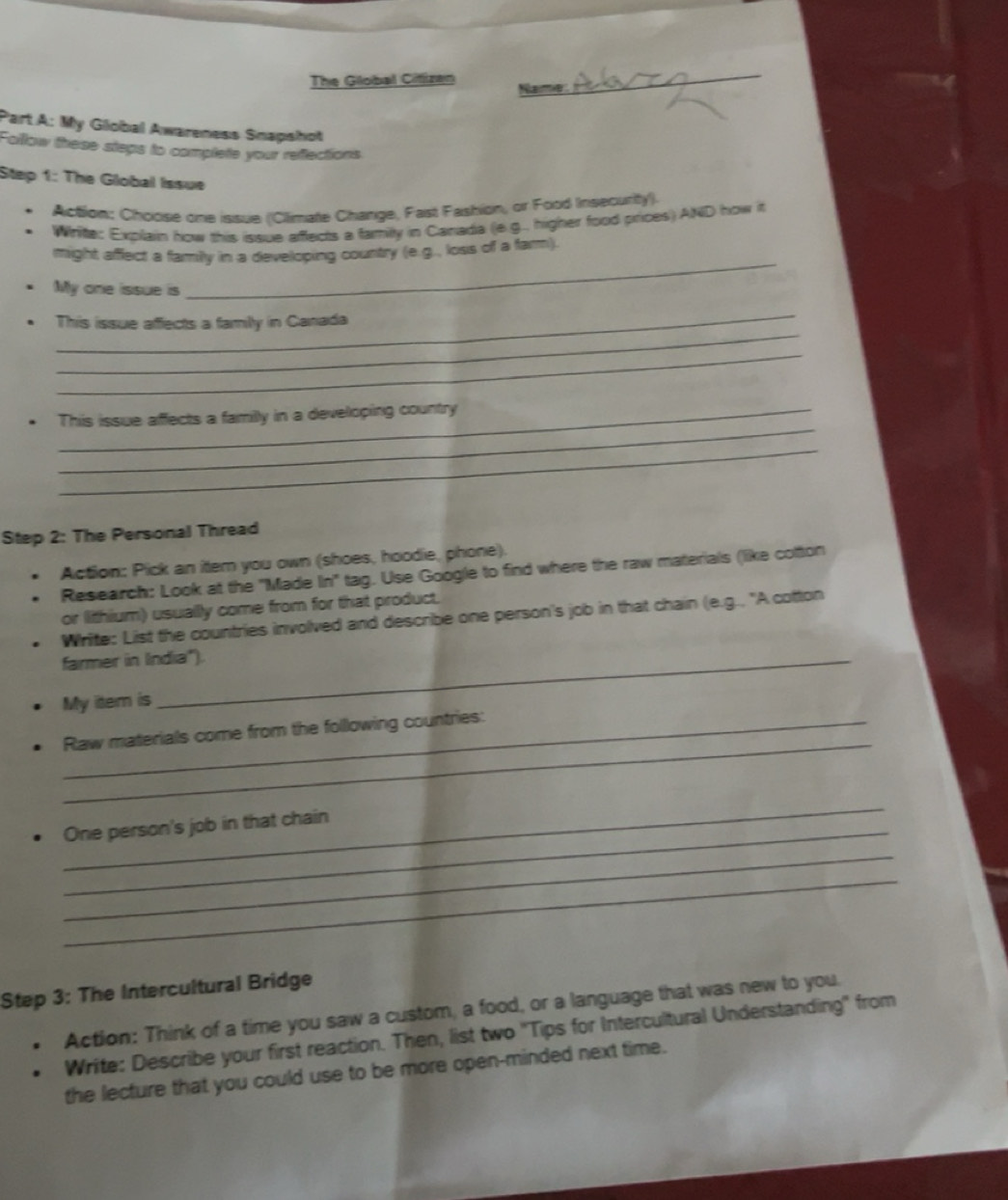 Solved: The Global Citizen Name _ Part A: My Global Awareness Snapshot Follow these steps to co ...