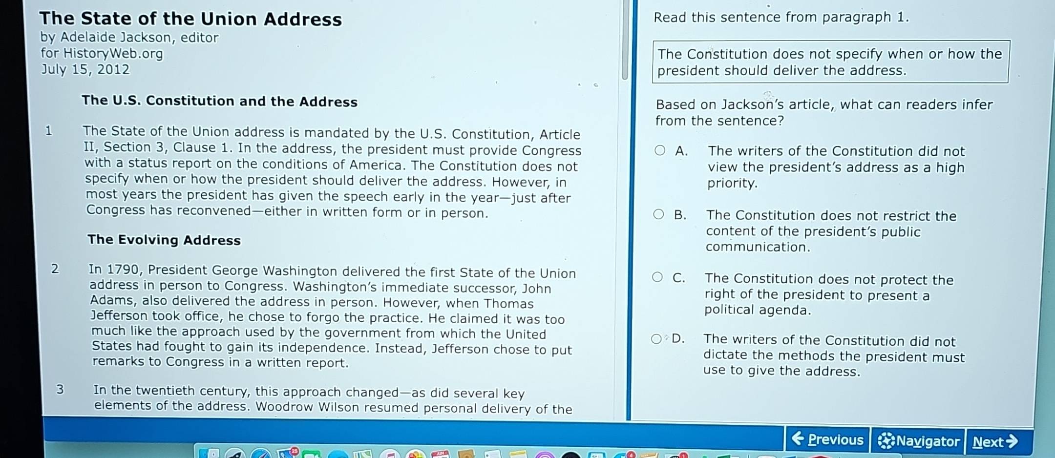 Solved: The State of the Union Address Read this sentence from ...