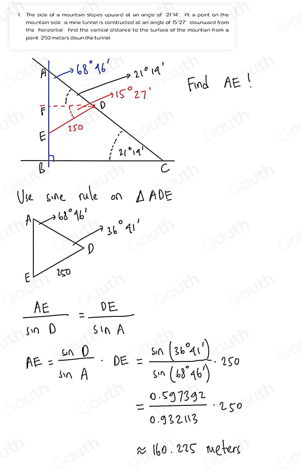Solved: The side of a mountain slopes upward at an angle of 21°14'. At ...