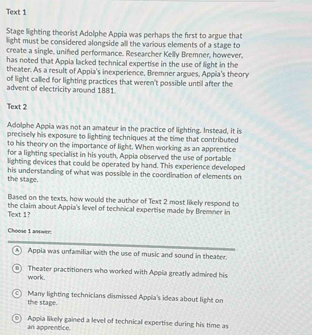 Solved: Text 1 Stage lighting theorist Adolphe Appia was perhaps the ...