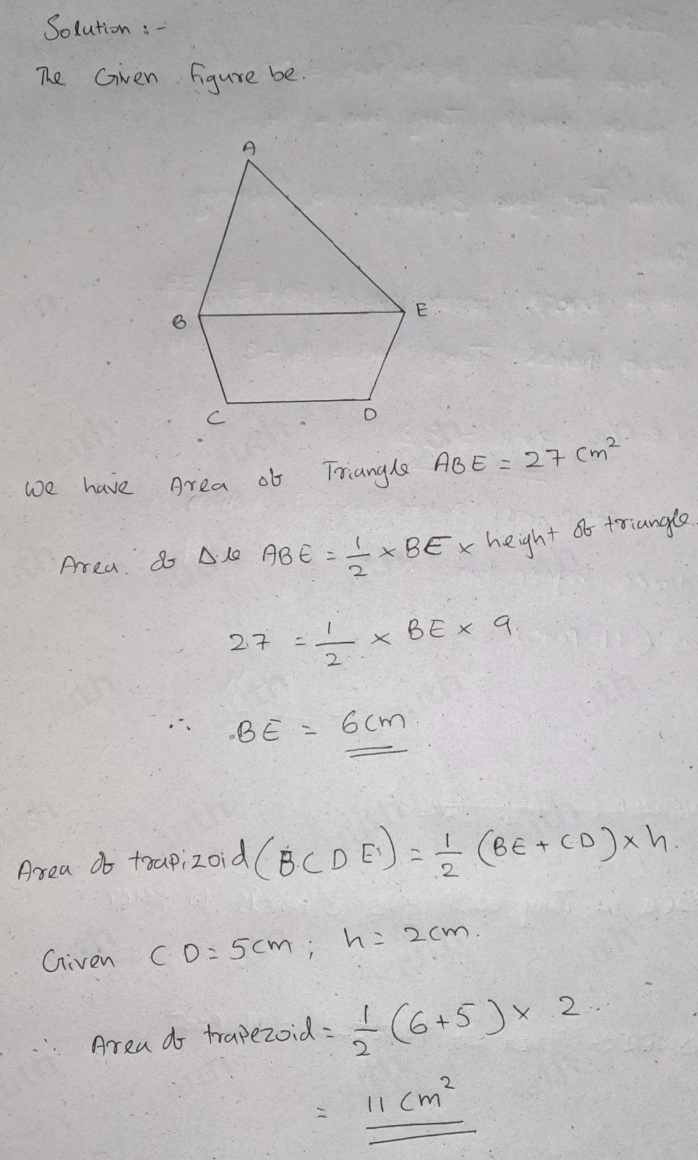 Solved: The shape below is made of a triangle and a trapezium. The area of the triangle is 27cm ...