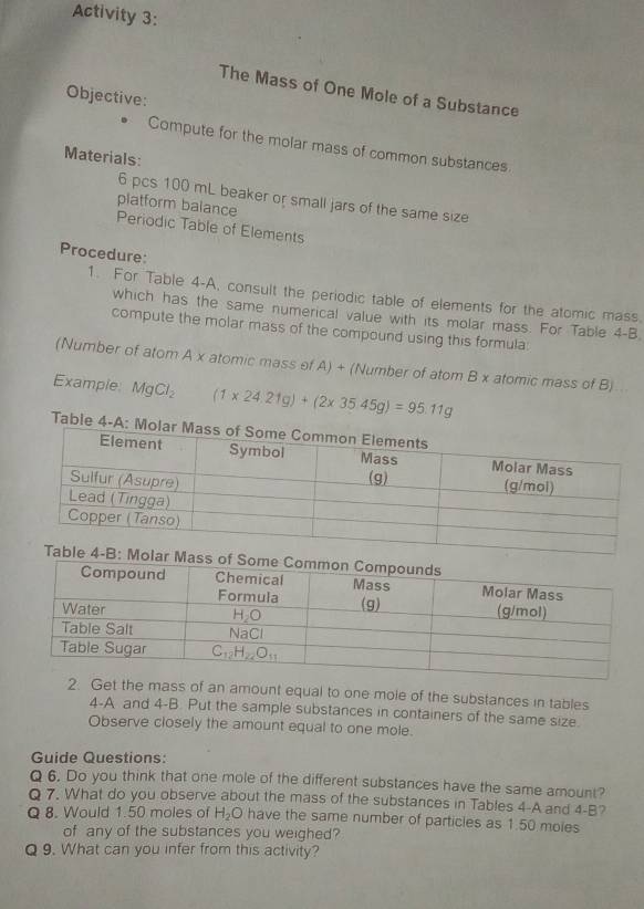 Solved: Activity 3: The Mass of One Mole of a Substance Objective ...