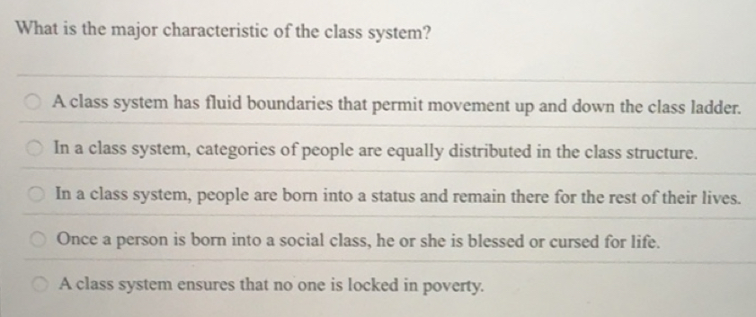 Solved: What is the major characteristic of the class system? A class ...