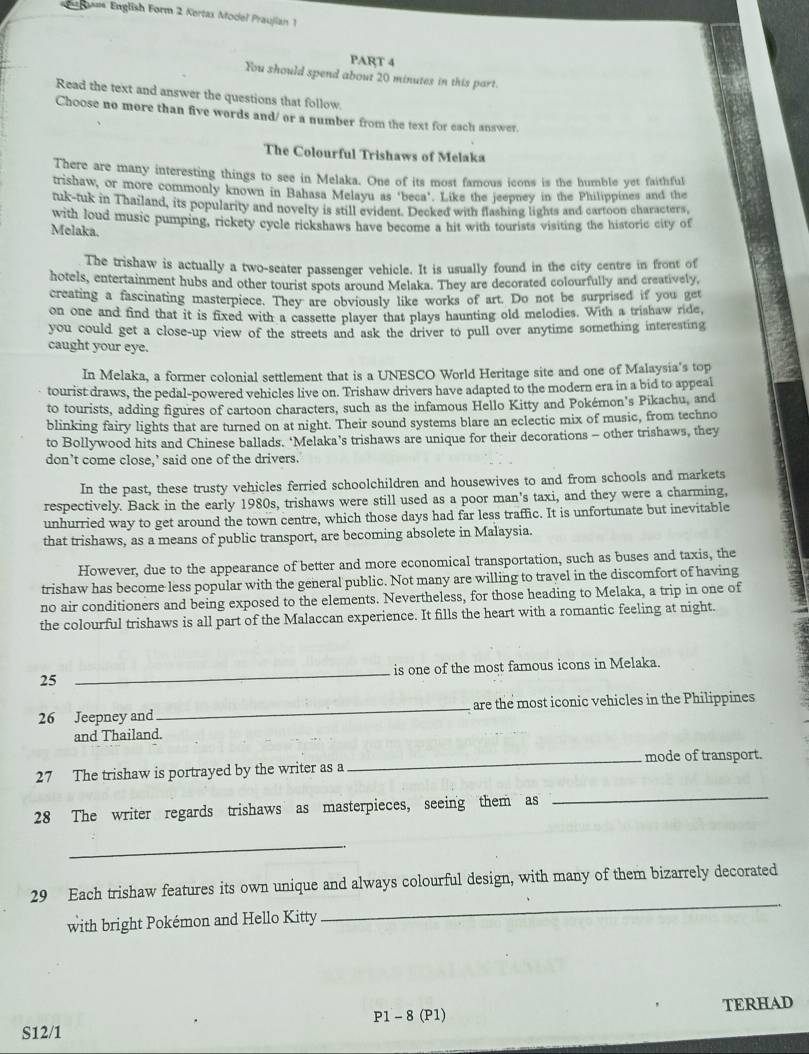 Selesai:a English Form 2 Kertax Model Praujian 1 PART 4 You should ...