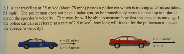 Solved: 2.1 A car traveling at 35 m/sec (about 78 mph) passes a police ...