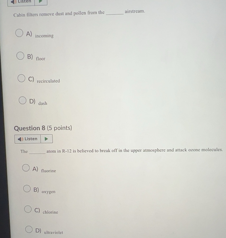 Solved: Cabin filters remove dust and pollen from the_ airstream. A ...