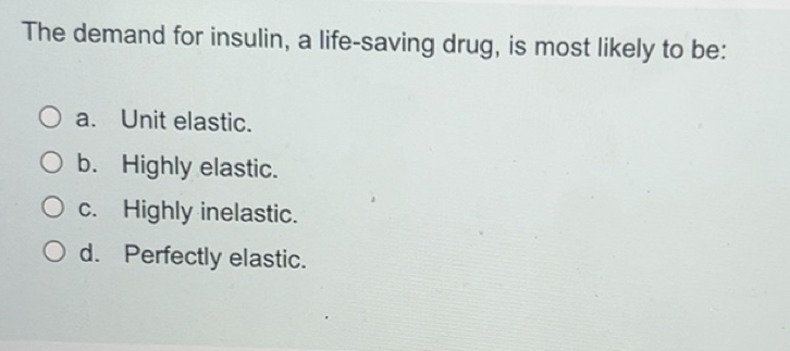 Solved: The demand for insulin, a life-saving drug, is most likely to ...