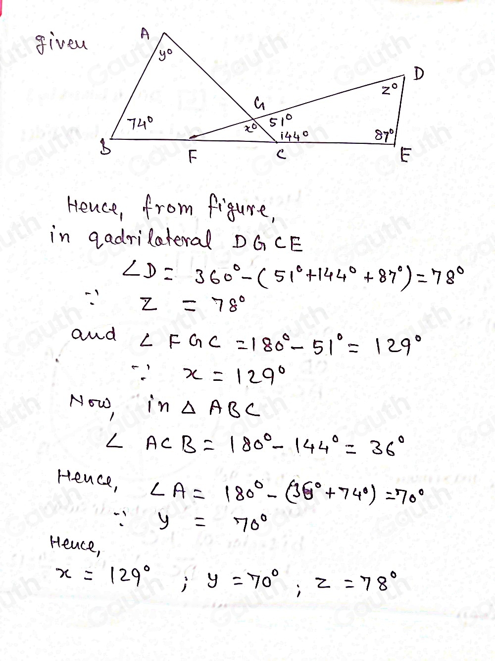 Solved: Two overlapping triangles have the angle measures shown. What ...