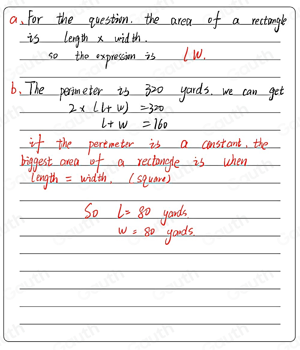 Solved: A field of length l and width w has a perimeter of 320 yards. a ...