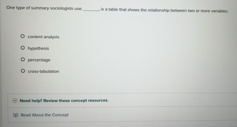 Solved: One type of summary sociologists use, _, is a table that shows the relationship between ...