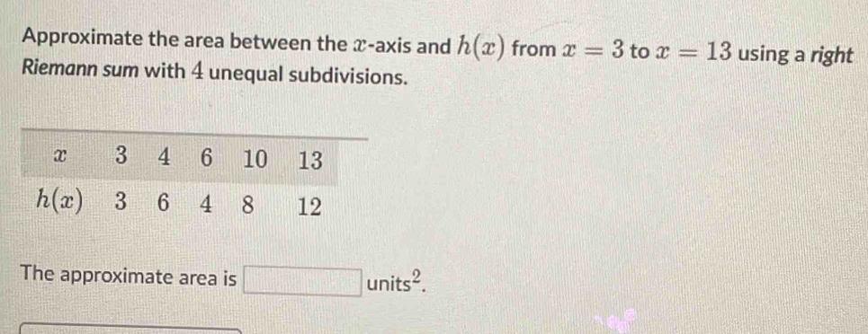 Solved: Approximate the area between the x-axis and h(x) from x=3 to x=13 using a right Riemann ...