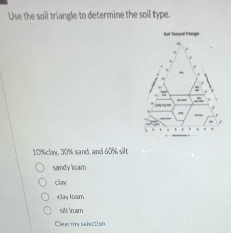 Solved: Use the soil triangle to determine the soil type. 10% clay, 30% ...