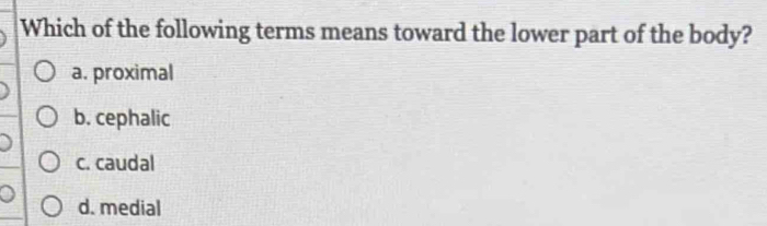Solved: Which of the following terms means toward the lower part of the ...