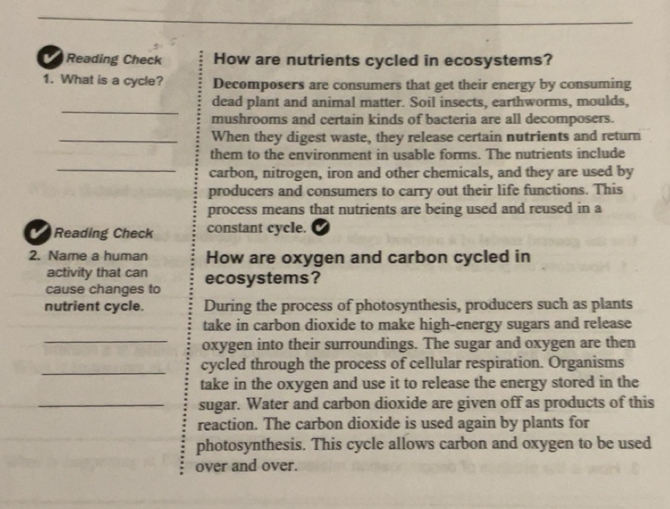 Solved: Reading Check How are nutrients cycled in ecosystems? 1. What ...