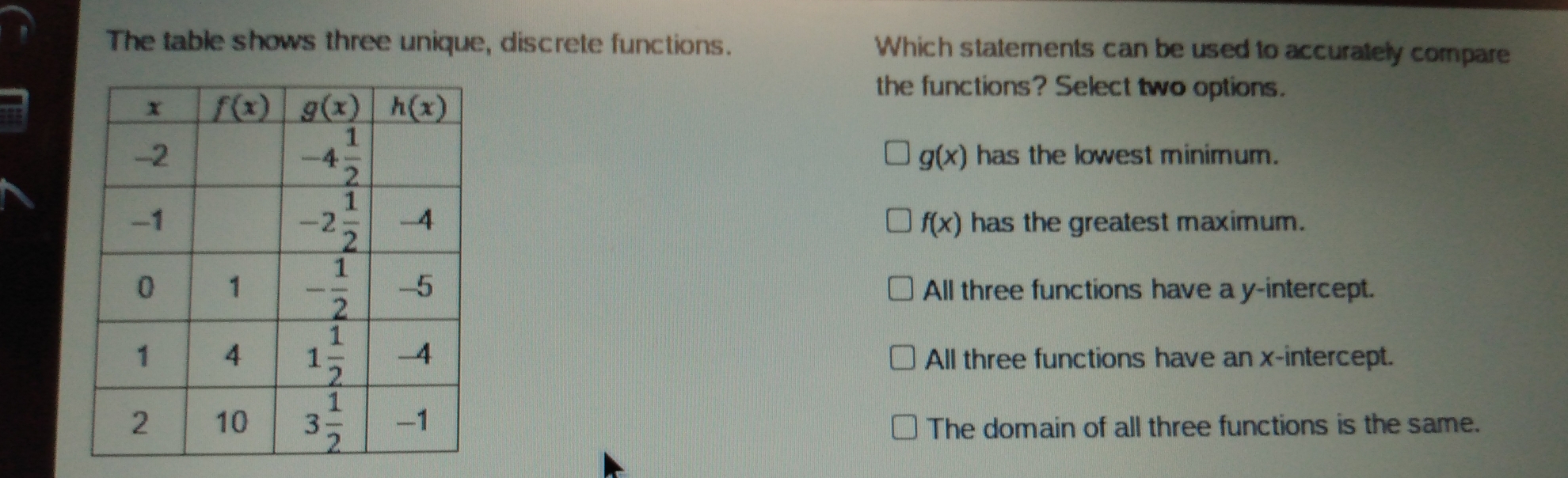 Solved: The table shows three unique, discrete functions. Which statements can be used to ...