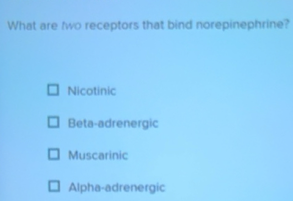 Solved: What are two receptors that bind norepinephrine? Nicotinic Beta ...