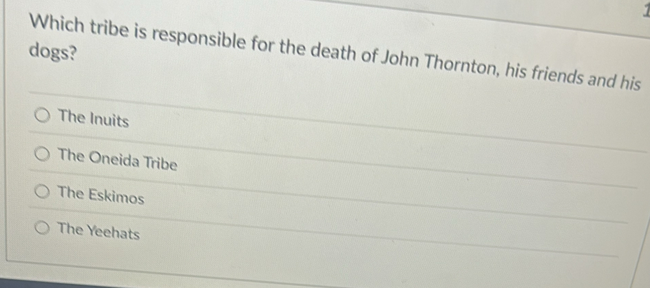 Solved: dogs? Which tribe is responsible for the death of John Thornton ...