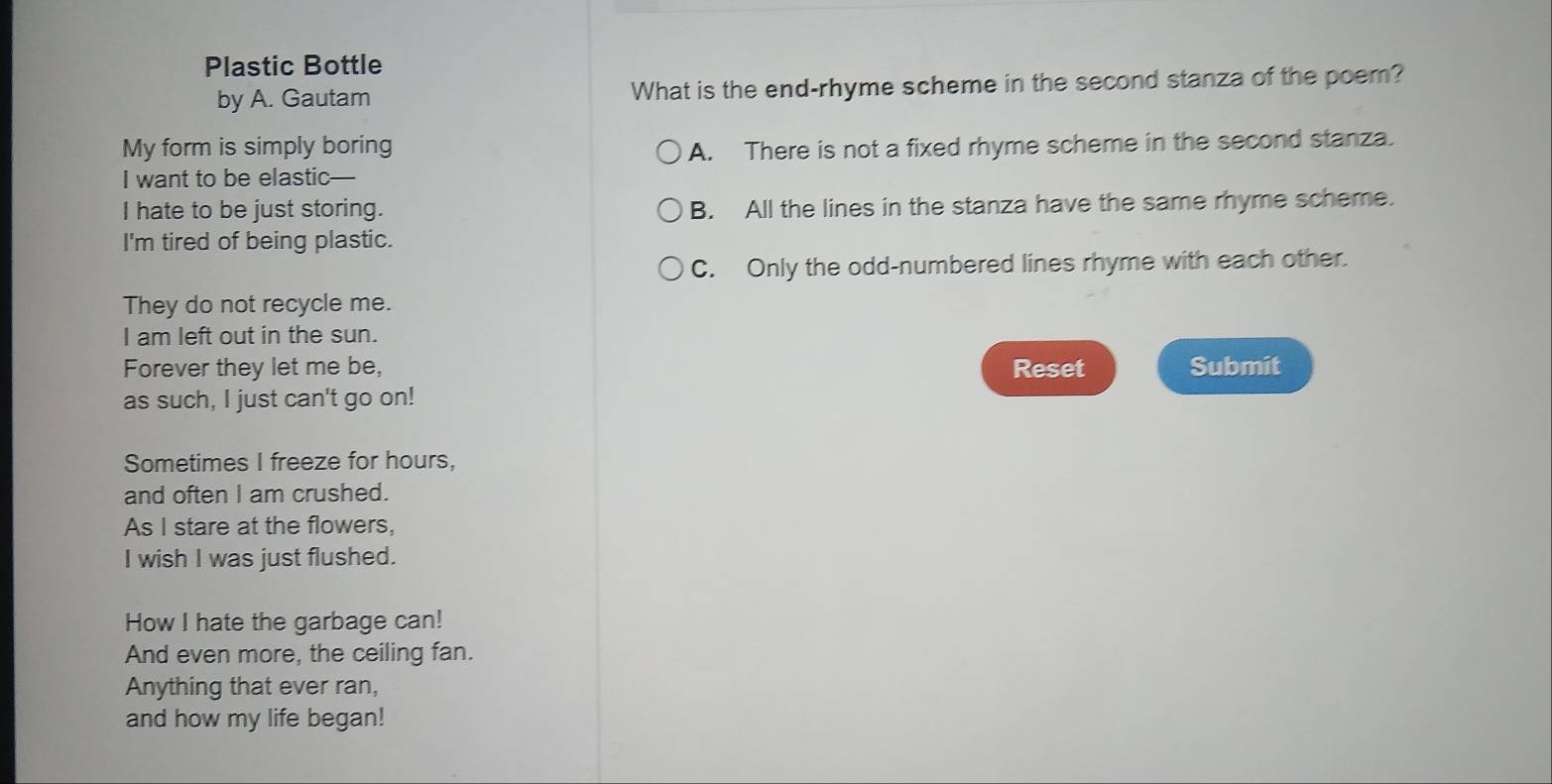 Solved: Plastic Bottle by A. Gautam What is the end-rhyme scheme in the ...