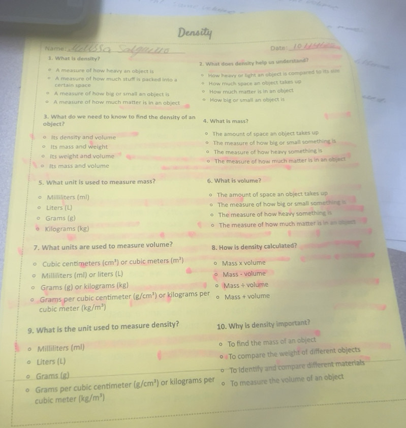 Résolu :Density _ Name: Date:_ 1. What is density? 2. What does density ...