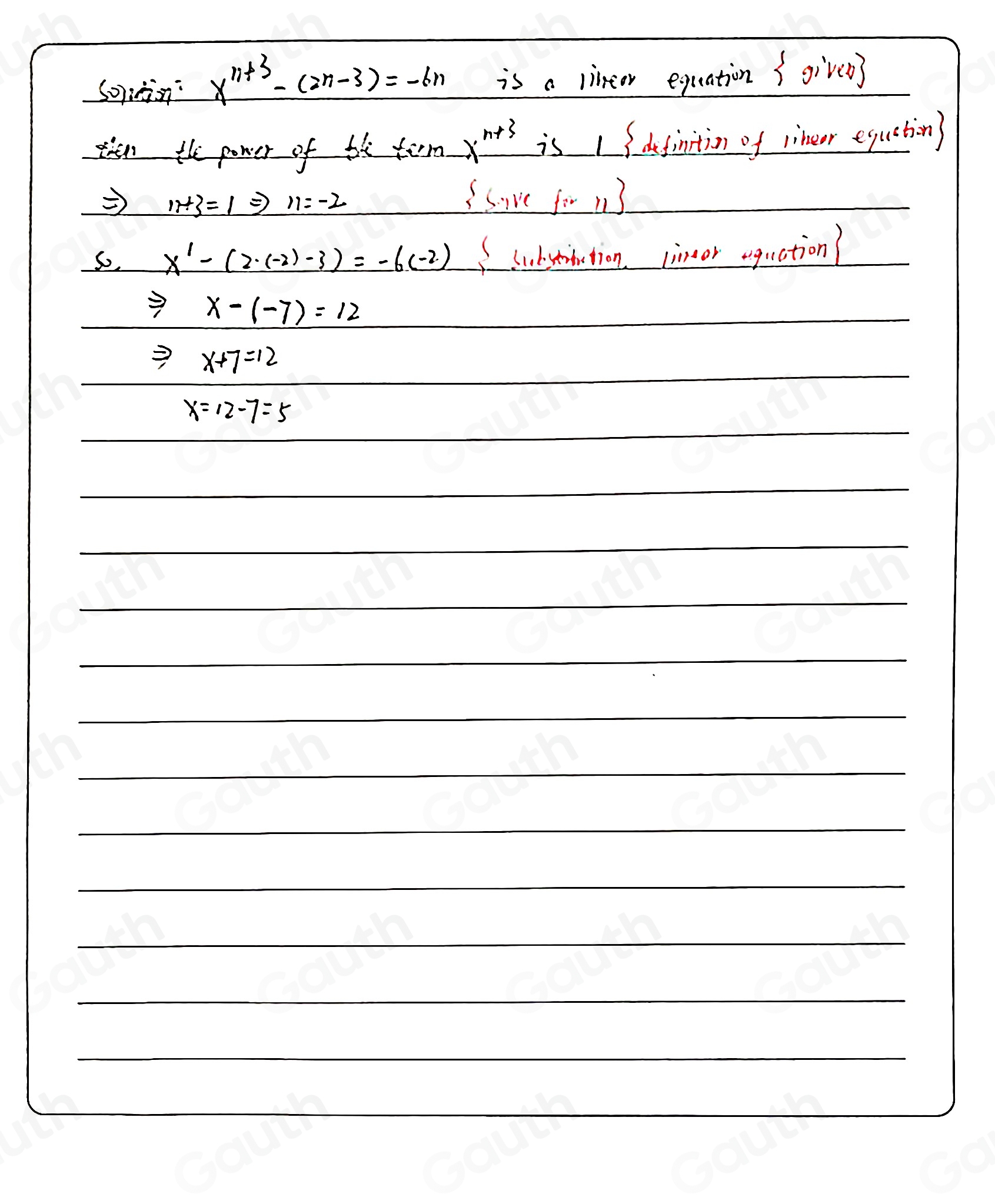 Solved: Given that the equation regarding xis a linear equation x^(n+3)-(2n-3)=-6n. Find the ...