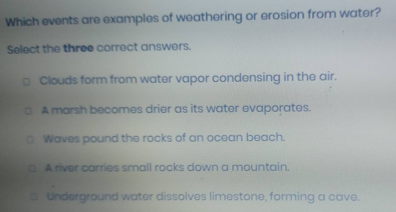 Solved: Which events are examples of weathering or erosion from water ...