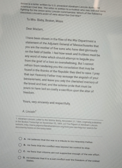Solved: Below is a letter written by U.S. president Abraham Lincoln ...