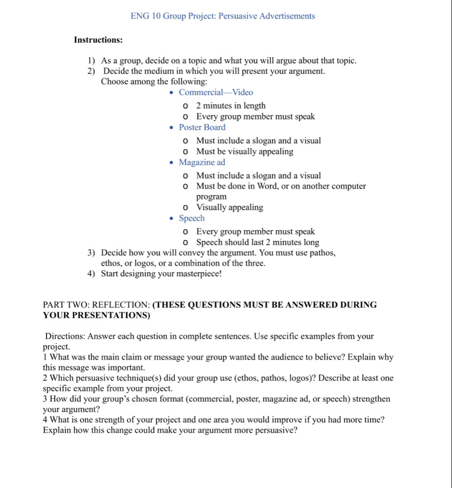 Solved: ENG 10 Group Project: Persuasive Advertisements Instructions: 1 ...