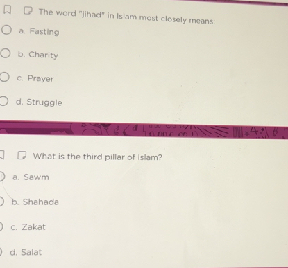 Solved: The word "jihad" in Islam most closely means: a. Fasting b ...